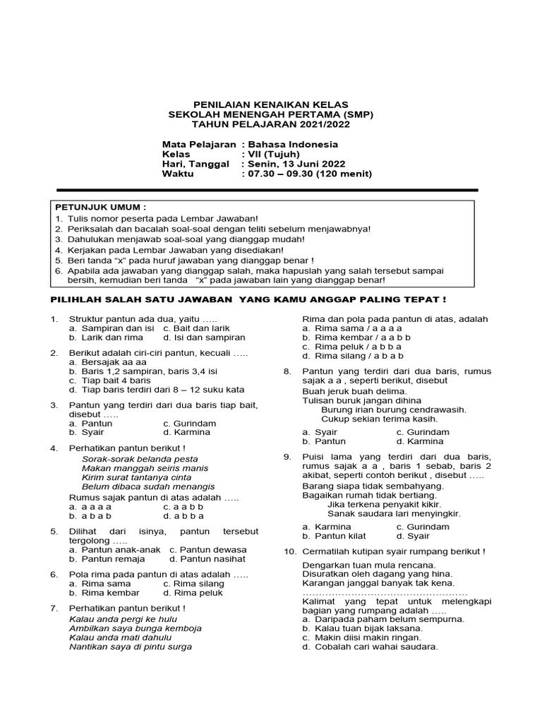 Soal Pas Genap Bhs. Ind. Kelas Vii 2022 | PDF
