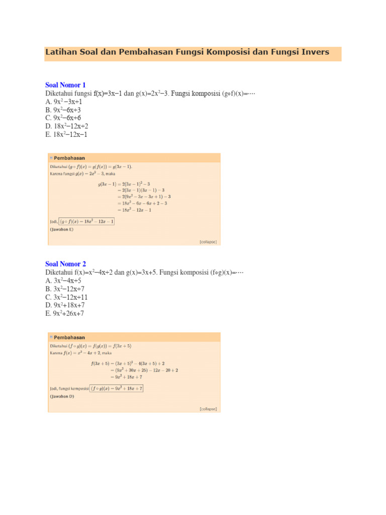 Latihan Soal dan Pembahasan Fungsi Komposisi dan Fungsi Invers | PDF