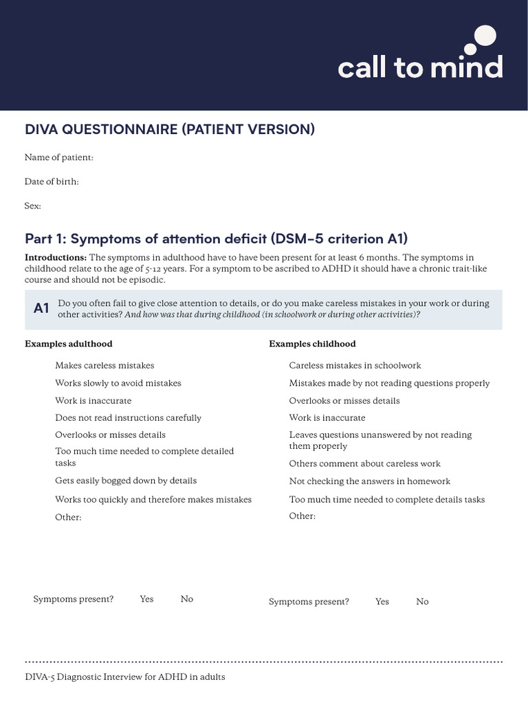 Diva 5 Adult Patient Version | PDF | Attention Deficit Hyperactivity ...