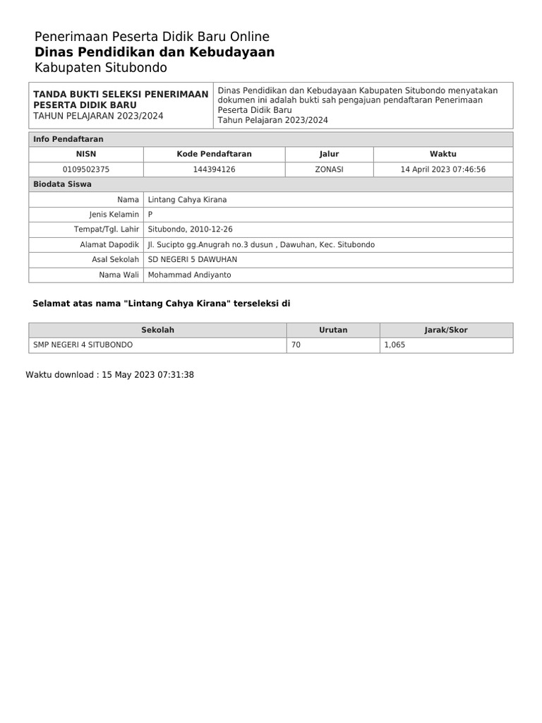 BUKTI - SELEKSI-Lintang Cahya Kirana | PDF