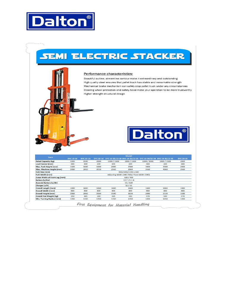 Spesifikasi Hand Stacker Semi Electric Merk DALTON | PDF