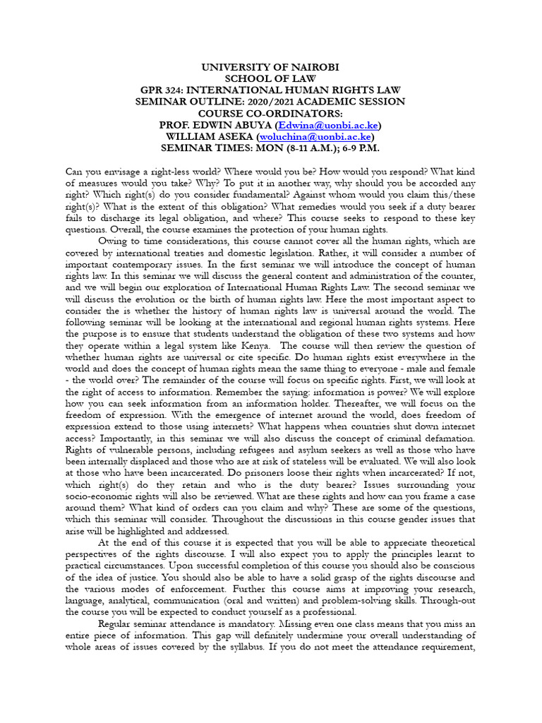 Course Outline on IHRL 2021.docx (1) | PDF | Human Rights | Refugee