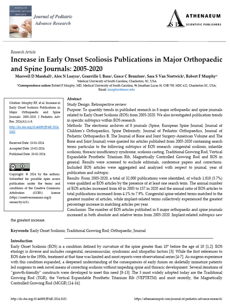 Increase in Early Onset Scoliosis Publications in Major Orthopaedic and Spine Journals 2005 2020 ...