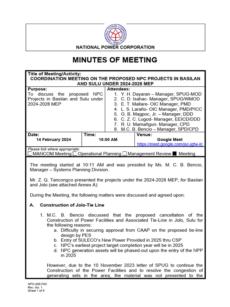 14 February 2024 Minutes of The Meeting Re COORDINATION MEETING ON THE ...