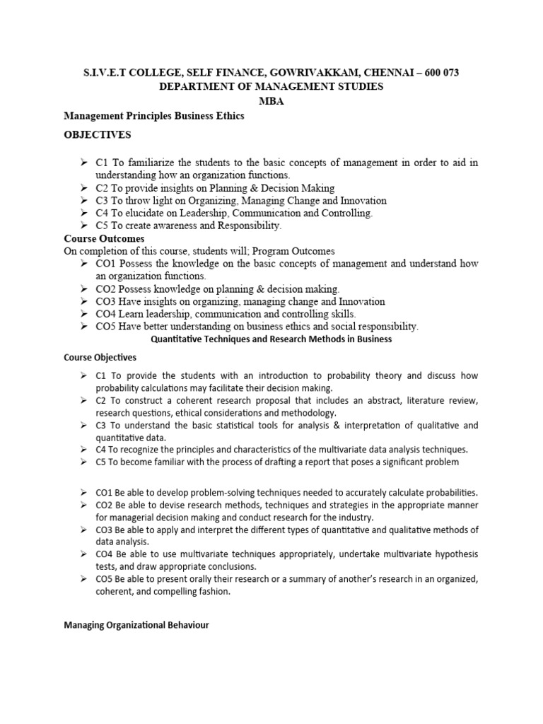 Course Objective & Outcome-Mba-2022-2023 | PDF | Marketing | Market ...