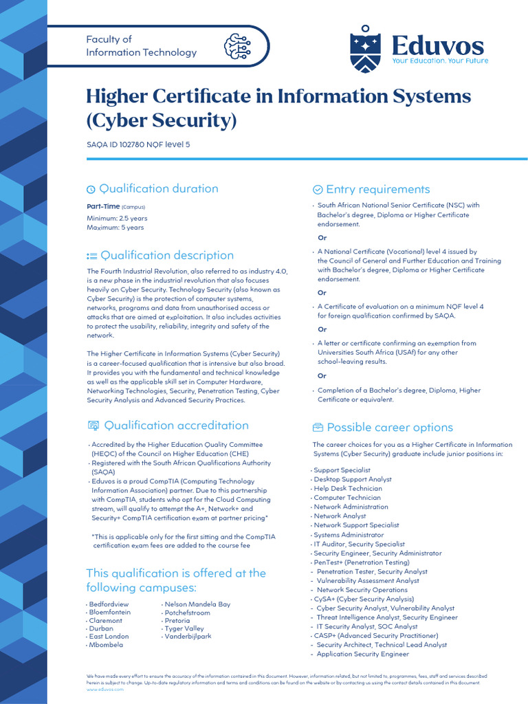 Higher Certificate In Information Systems Cyber Security Pt