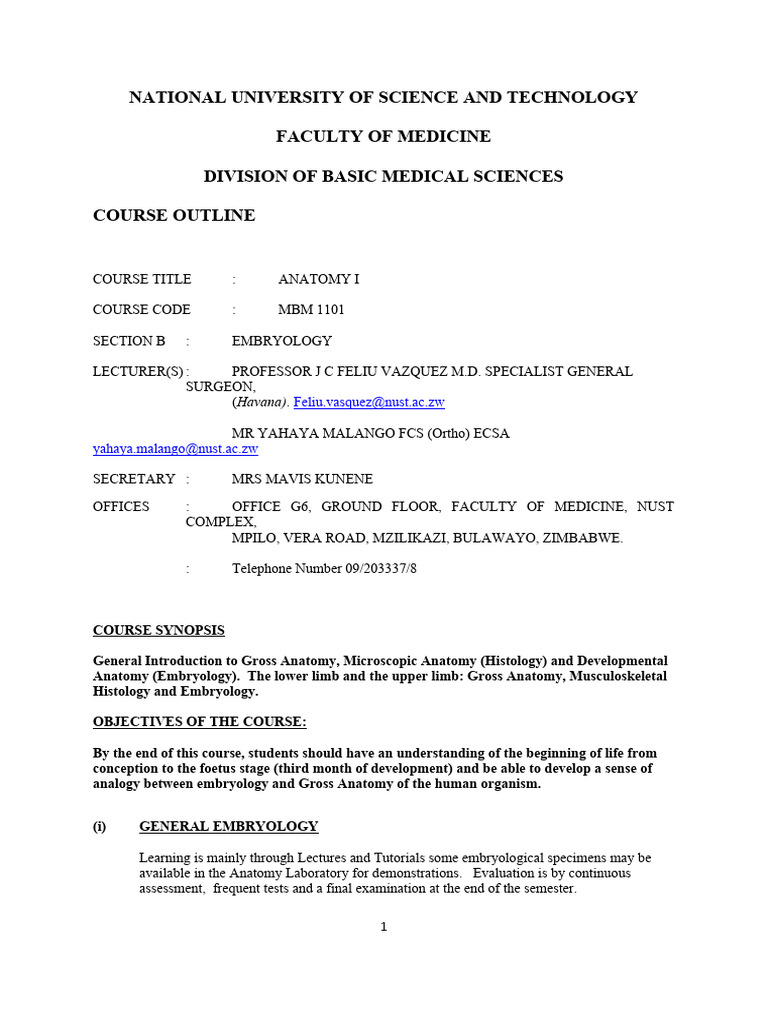 Anatomy I - Embryology Course Outline | PDF | Anatomy | Skeletal Muscle