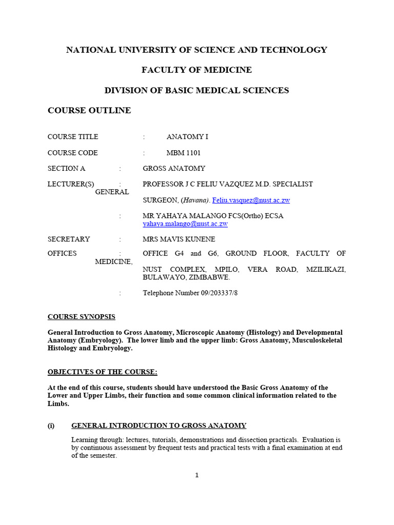 Anatomy I - Gross Course Outline | PDF | Human Leg | Arm