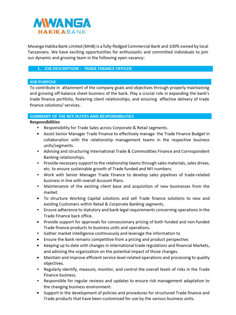 Trade Finance Officer Job Description | PDF | Risk | Banks