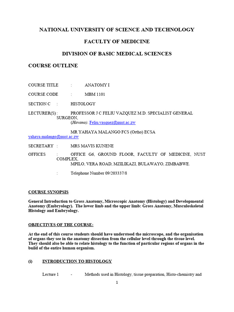 Anatomy I - Histology Course Outline | PDF
