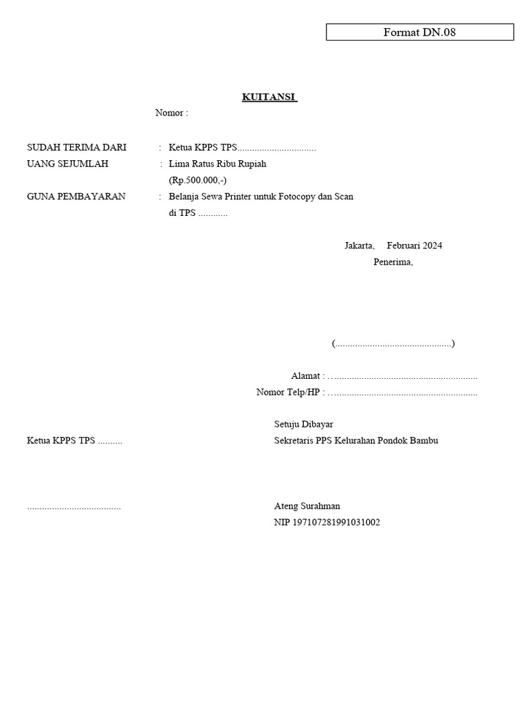 Kwitansi KPPS PB - Belanja Sewa Printer Fotocopy DLL | PDF