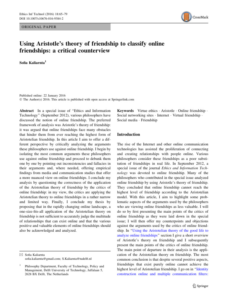 Using Aristotle's Theory of Friendship To Classify Online Friendships ... Using Aristotle's Theory of Friendship To Classify Online Friendships ...
