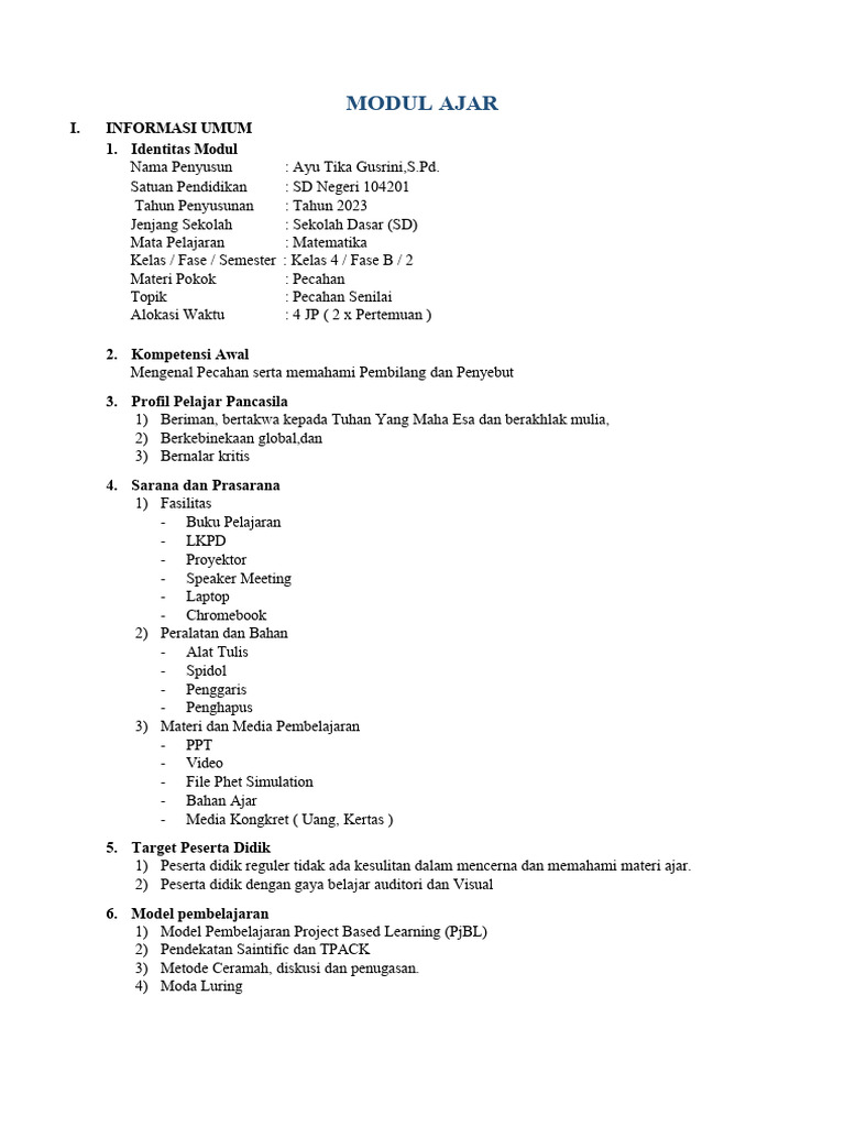 MODUL AJAR Matematika Kelas 4 PJBL | PDF