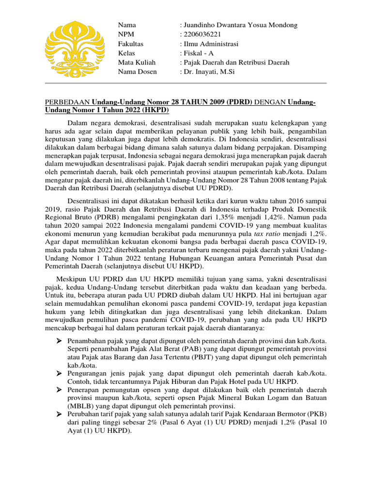 Ringkasan Perbedaan UU Nomor 28 Tahun 2009 (PDRD) Dengan UU Nomor 1 ...