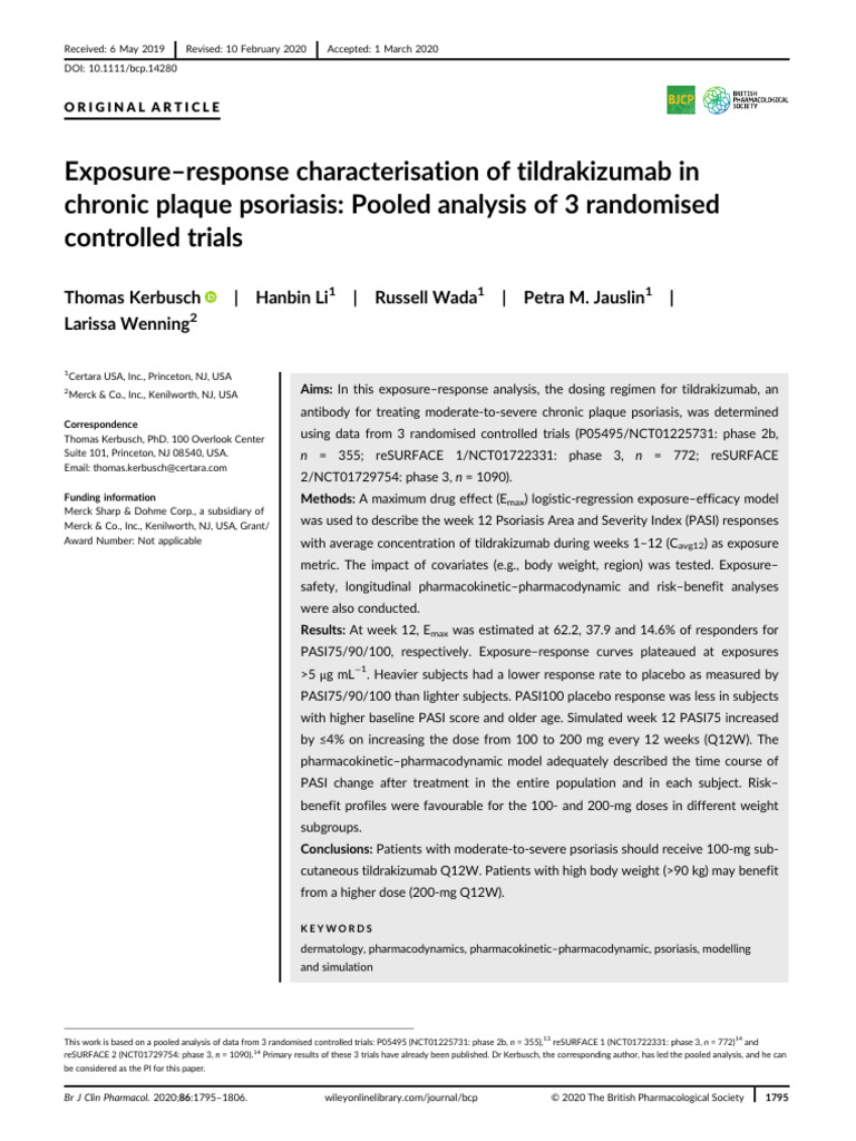 Brit J Clinical Pharma - 2020 - Kerbusch - Exposure Response Characterisation of Tildrakizumab ...