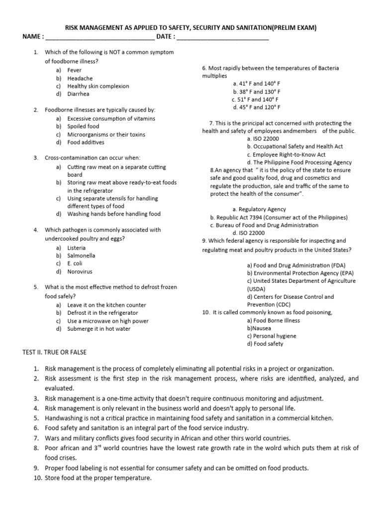 Risk Management As Applied To Safety - Prelim Exam | PDF | Foodborne ...