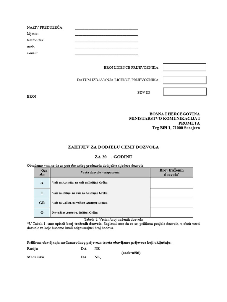 Obrazac Zahtjeva Za CEMT | PDF