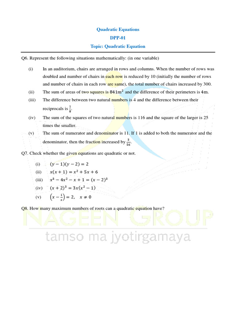 Quadratic Equations Practice | PDF | Numbers | Quadratic Equation
