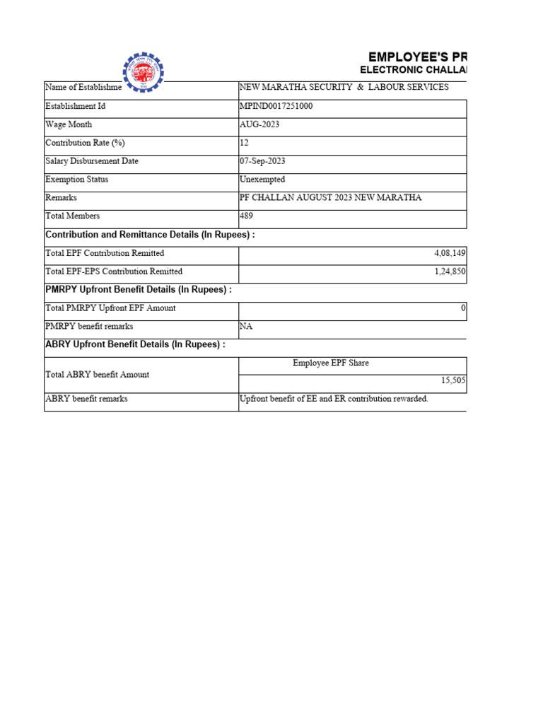 PF Ecr Aug-2023 (New Maratha) | PDF