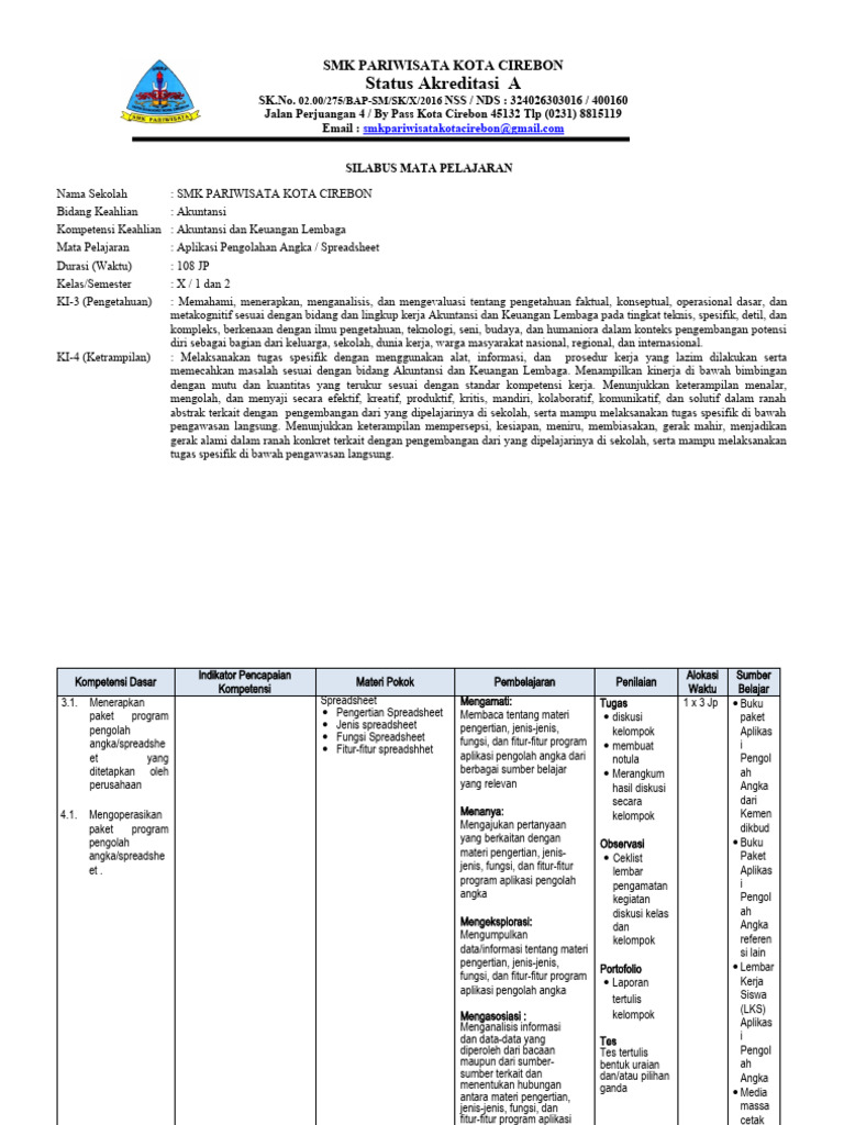 Silabus Aplikasi Spreadsheet SMK Cirebon | PDF