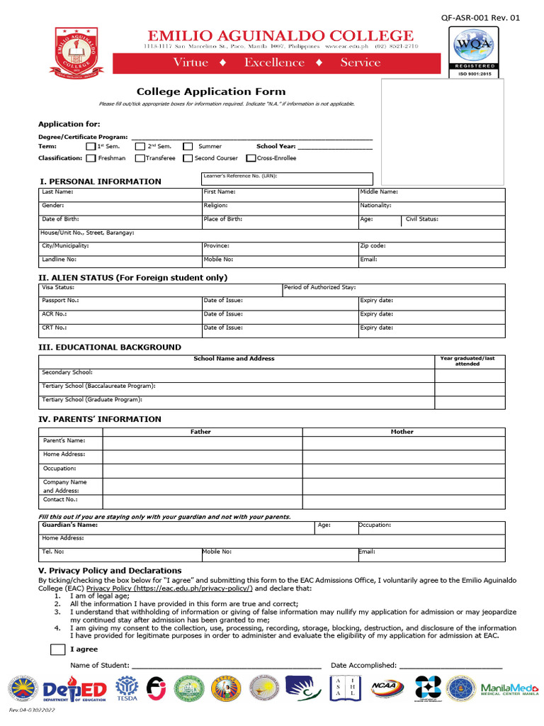 QF ASR 001 Rev. 01 College Application Form - 2021 | PDF | Cultural Globalization ...