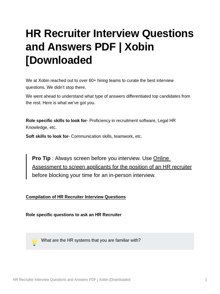 HR Recruiter Interview Questions and Answers PDF Xobin Downloaded | PDF ...
