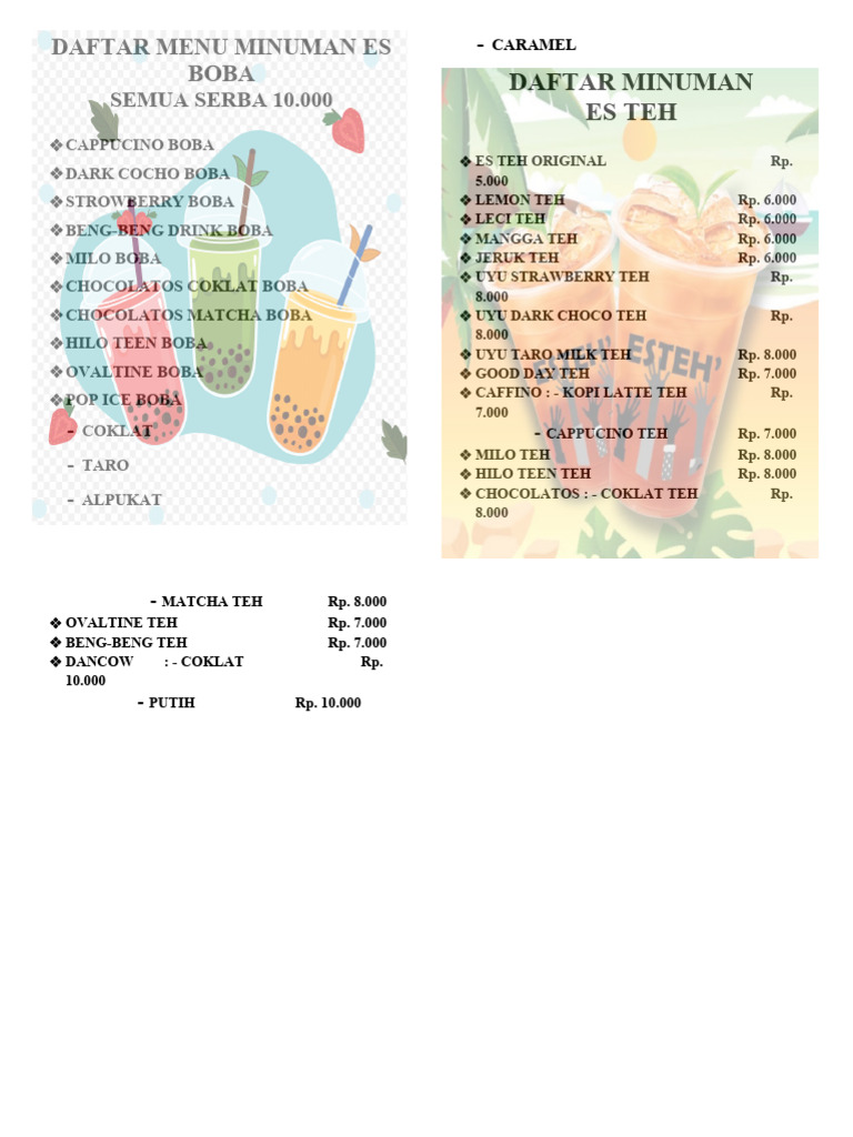 Daftar Menu Minuman Es Boba | PDF
