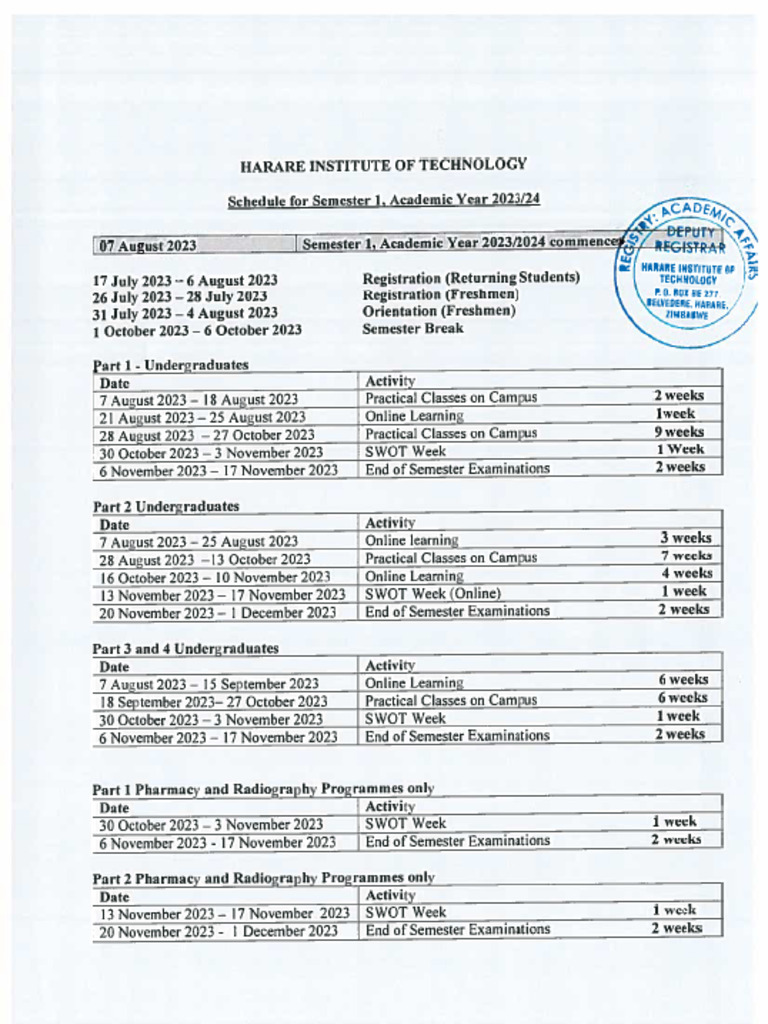 Schedule For Semester 1 Academic Year 2023 24 | PDF