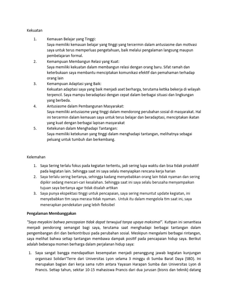 Contoh Esay Kekuatan, Kelemahan, LPDP 2024 | PDF