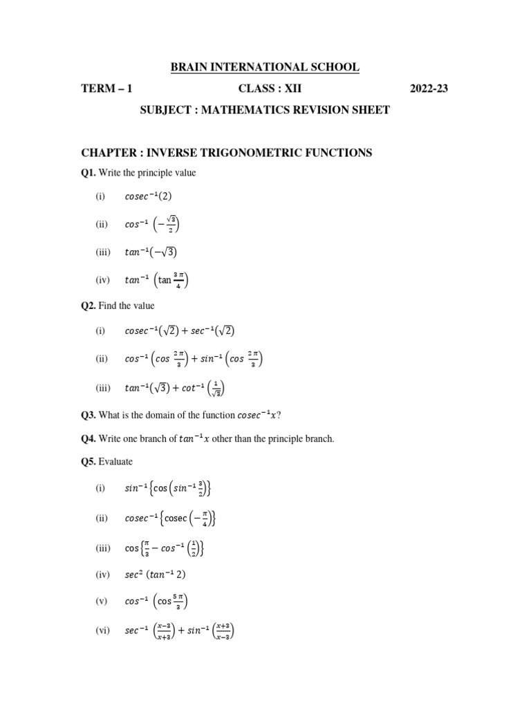 Inverse Trigonometric Function | PDF | Matrix (Mathematics) | Trigonometric Functions