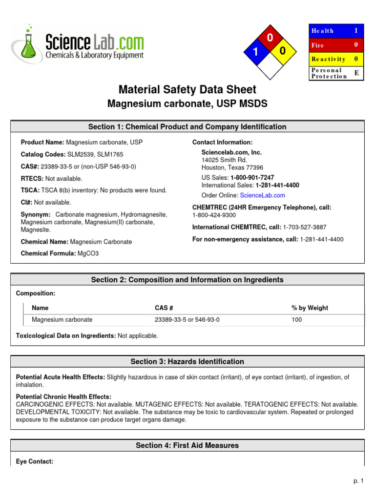 Msds Magnesium Carbonat | PDF | Toxicity | Water
