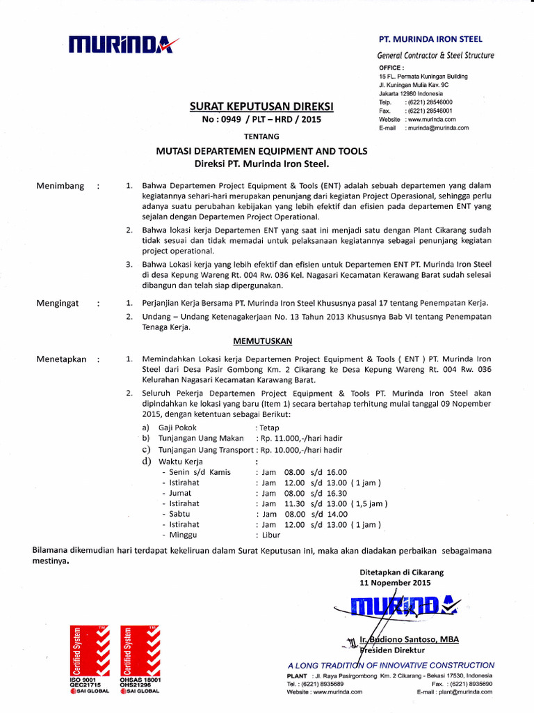 Mutasi Departemen PT Murinda Iron Steel | PDF