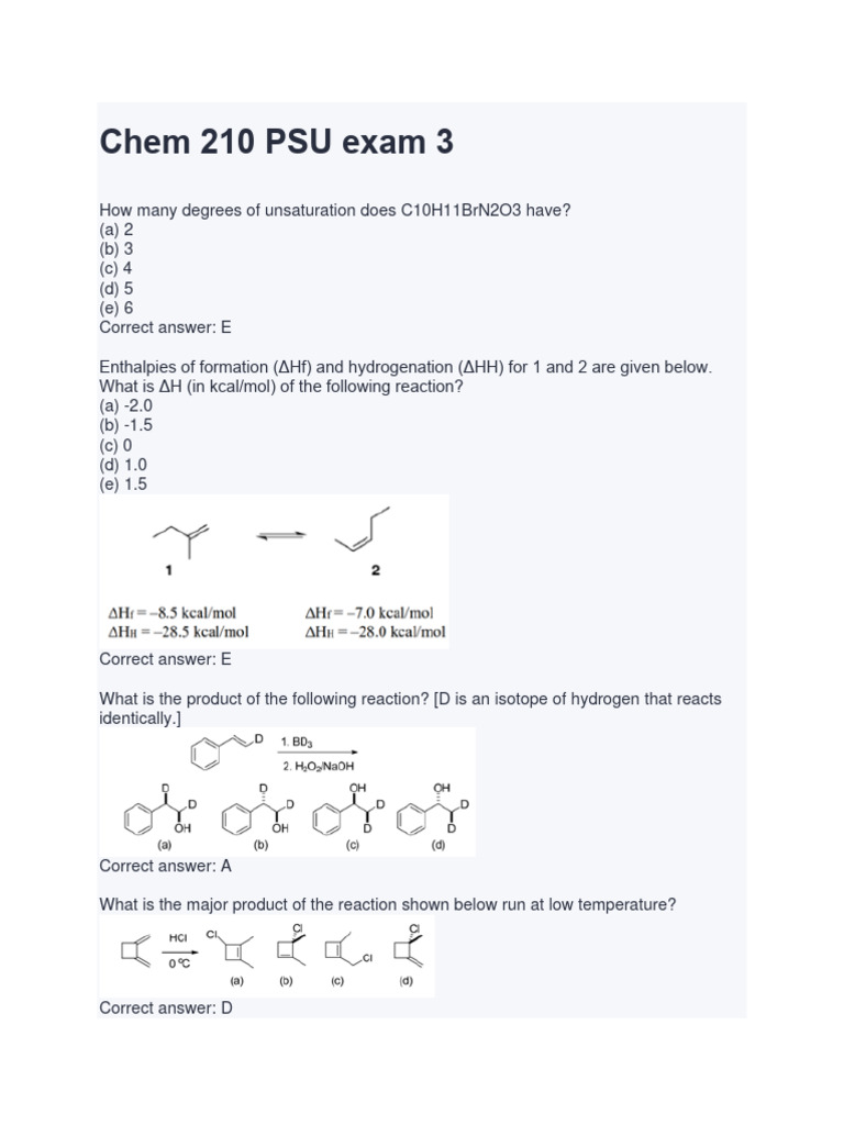 Chem 210 PSU Exam 3 | PDF | Chemical Reactions | Alkene