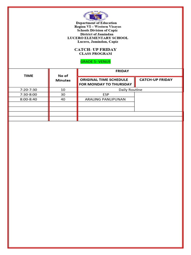 Catch Up Friday Class Program | PDF