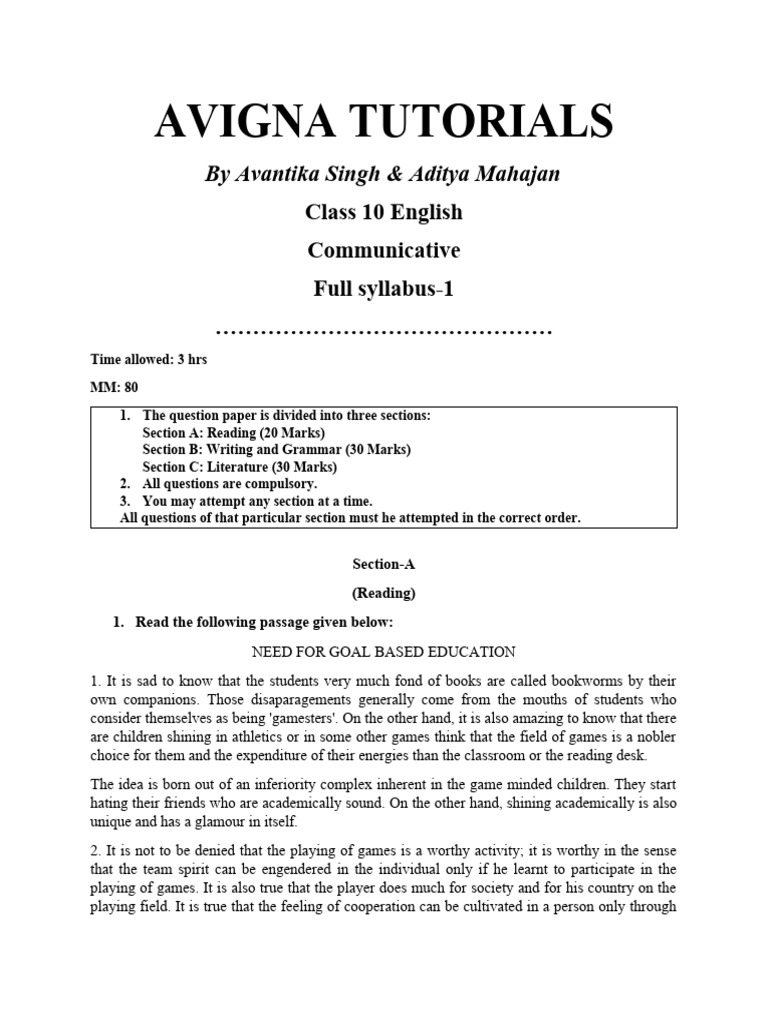 Class-10 English Communicative Paper Full Syllabus (2023-2024) | PDF ...