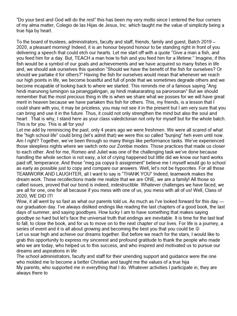 Valedictory Speech Example | PDF