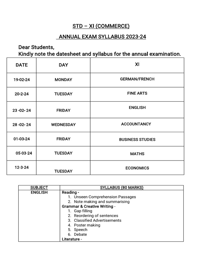 XI Commerce Exam Dates & Syllabus 2023-24 | PDF | Mathematics | Pronoun