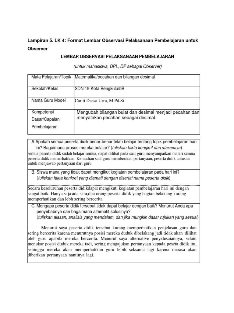 Lampiran 5. LK 4 Format Lembar Observasi Pelaksanaan Pembelajaran Untuk ...