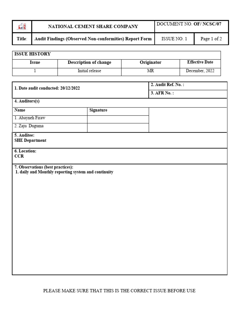 Of-NCSC-07 Audit Non Conformity Reporting Forms Dec, 2022 | PDF | Law