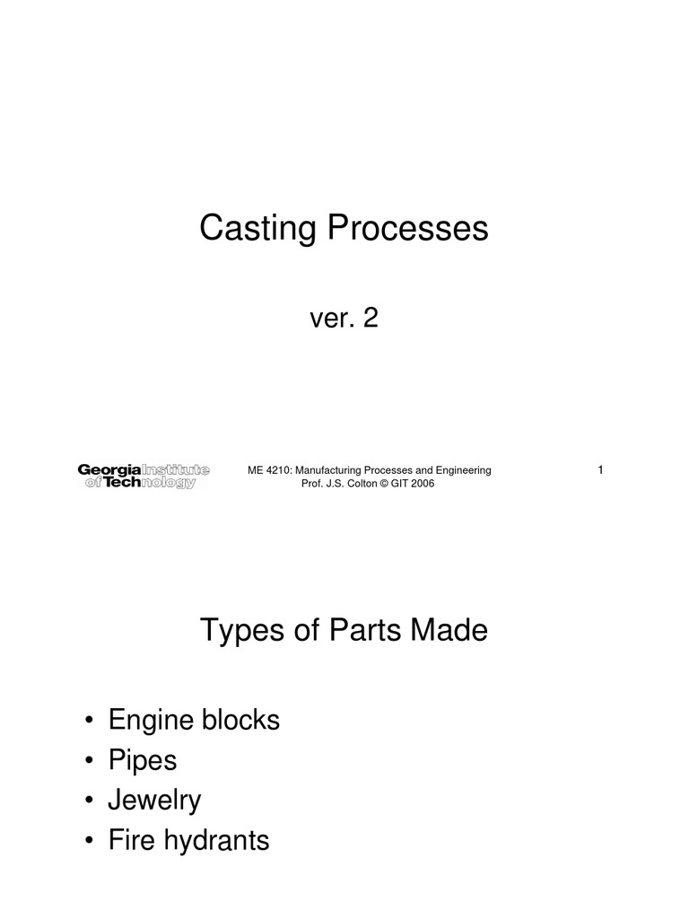 Casting Processes Casting Processes: ME 4210: Manufacturing Processes ...