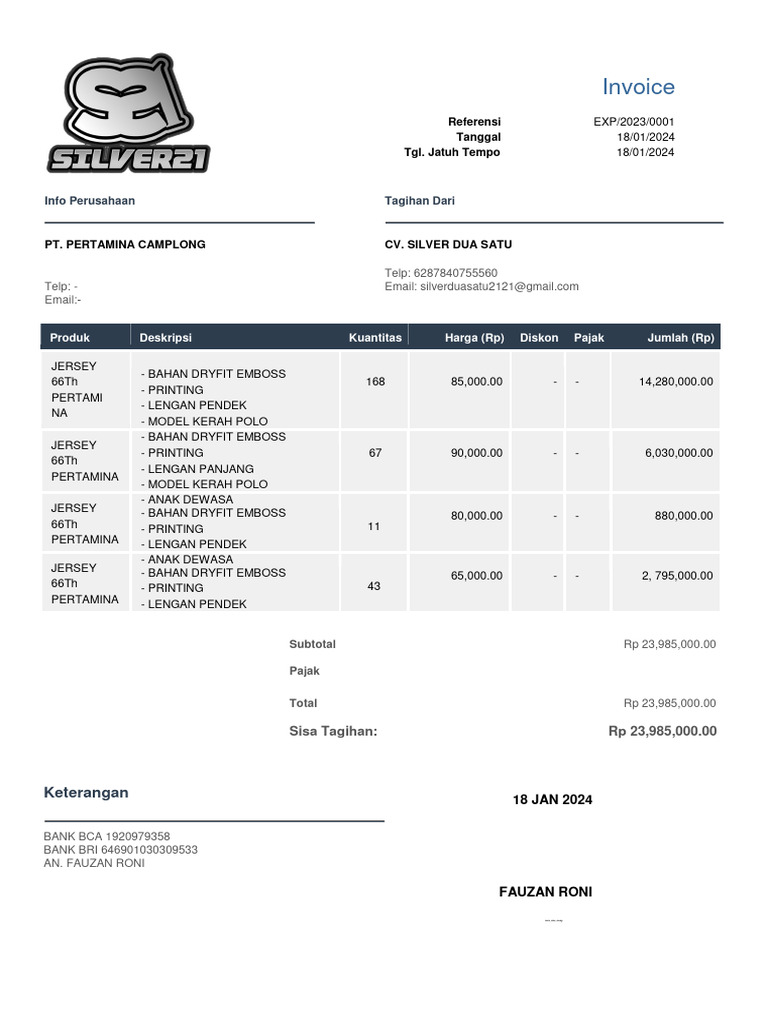 Invoice 66th Pertamina Camplong | PDF