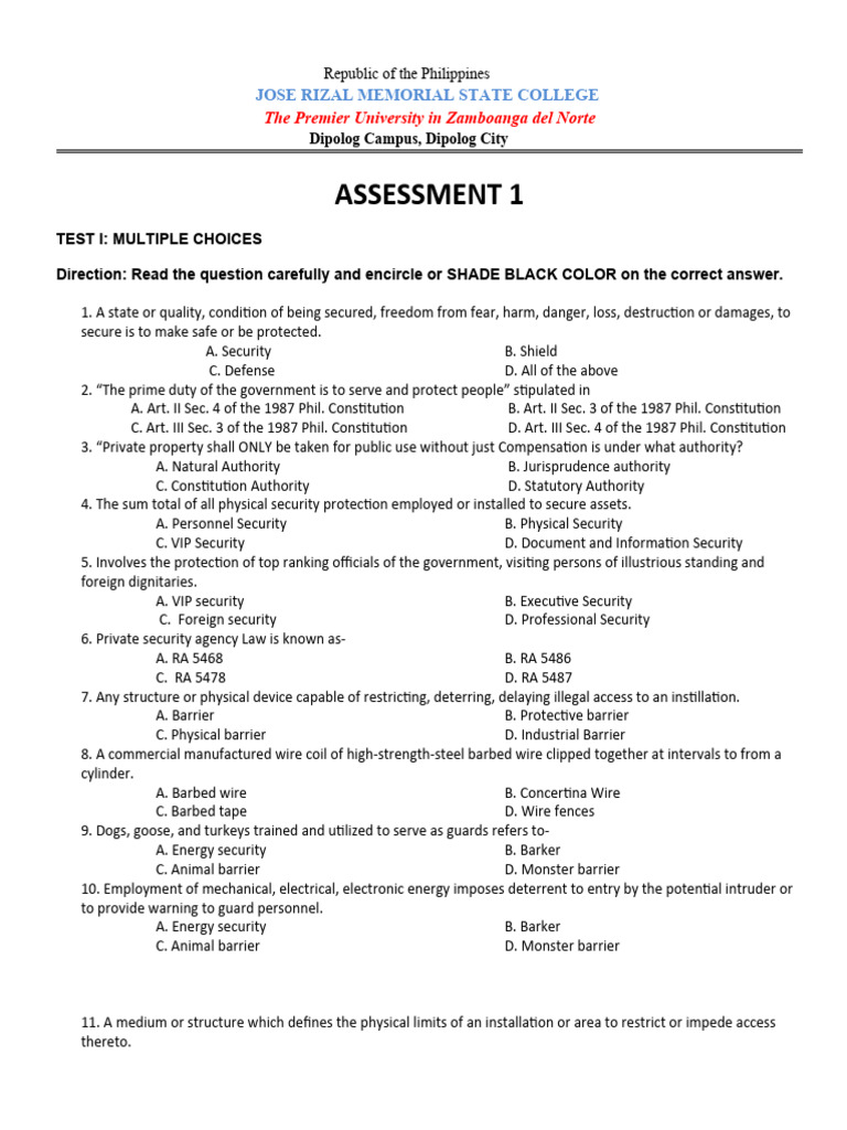 Security - Assessment 1 Questioner - With ANSWER KEY | PDF | Securities ...