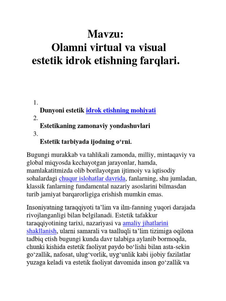 Mavzu: Olamni Virtual Va Visual Estetik Idrok Etishning Farqlari | PDF