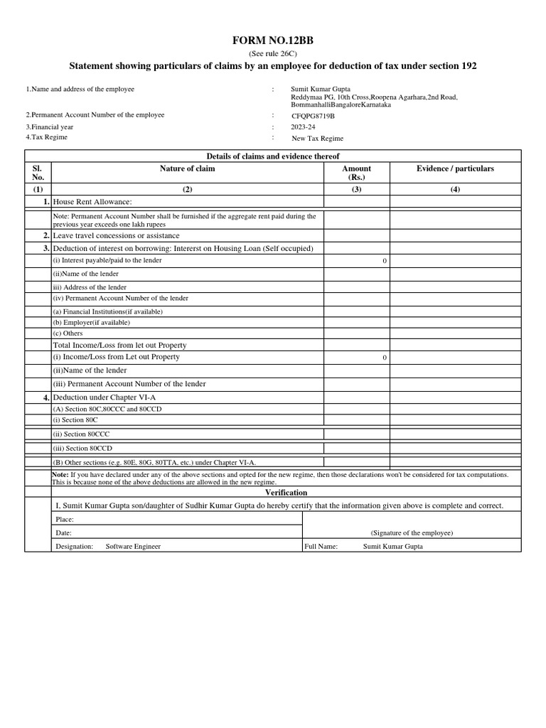 Form 12BB | PDF | Loans | Tax Deduction