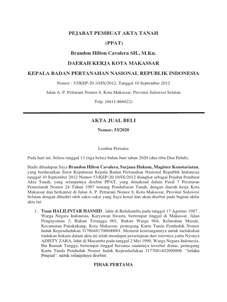 Surat Akta Jual Beli - Ashar Ramadhan M (B011181470) | PDF