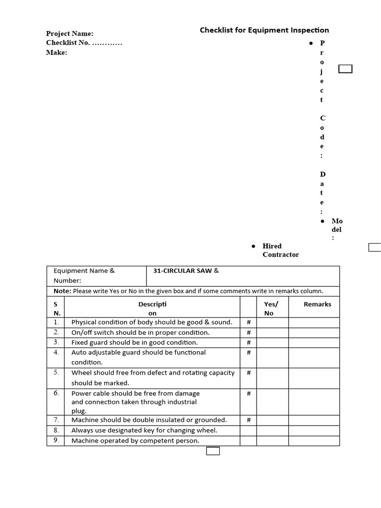 Checklist For Equipment Inspection Circular Saw | PDF | Manufactured ...