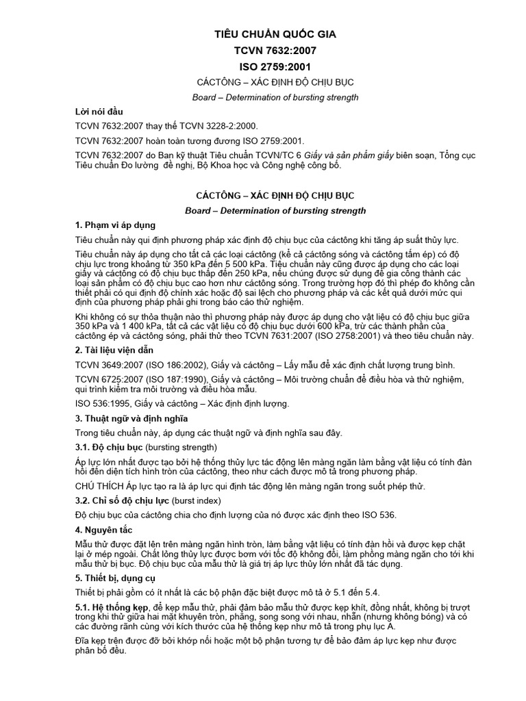 Tiêu chuẩn quốc gia TCVN 7632 2007 (ISO 2759 2001) về Cáctông - Xác định độ chịu bục | PDF