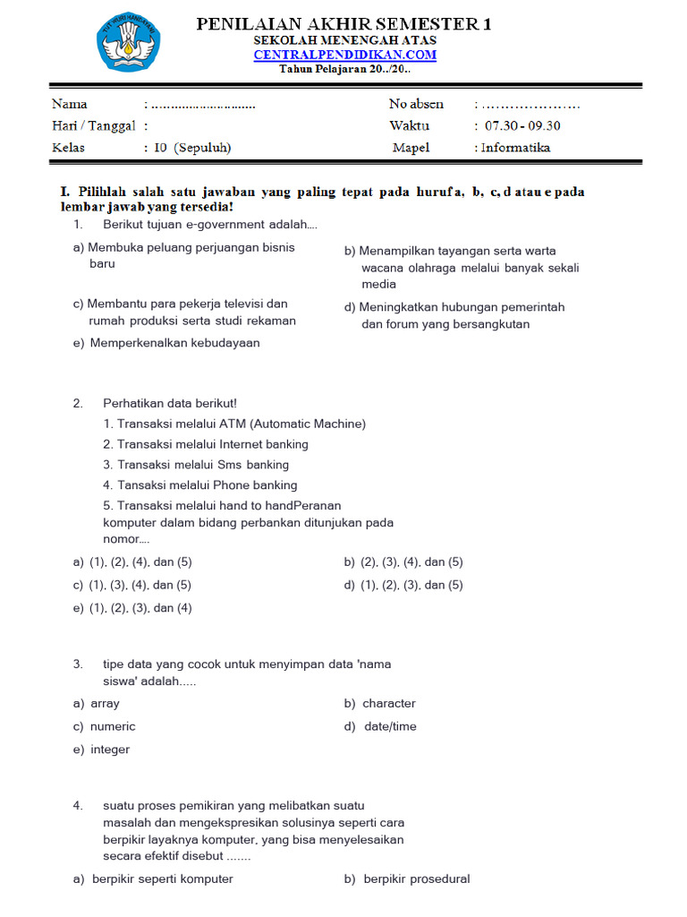 Soal PAS Informatika Kls 10 SMTR 1 A | PDF