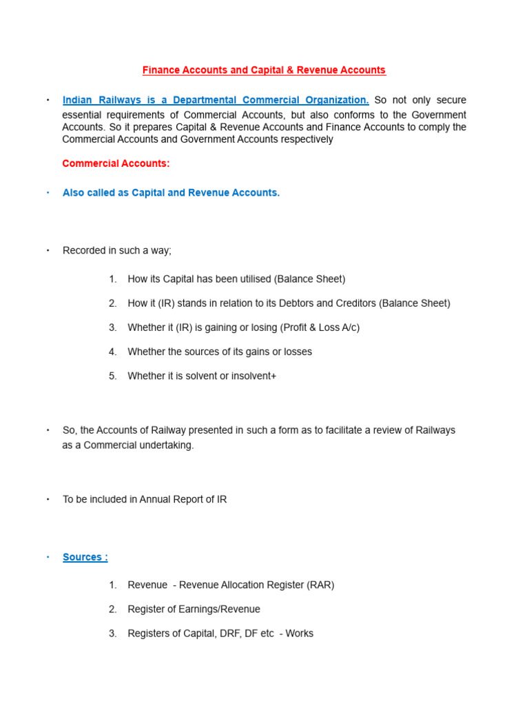 Structure of Railway Accounts, Capital & Revenue Accounts, Government ...