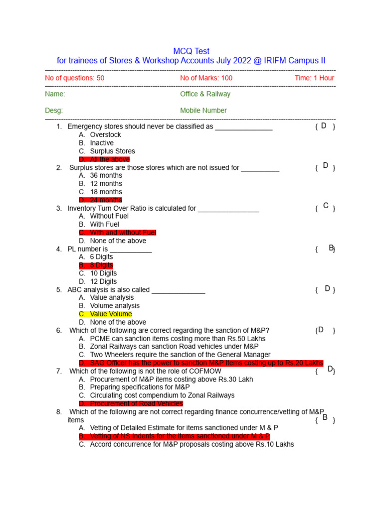 Test For Trainees of Stores & Workshop Accounts July 2022 | PDF ...